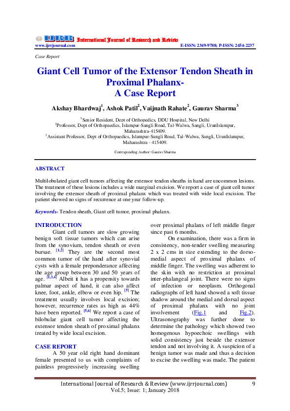 (PDF) Giant Cell Tumor of the Extensor Tendon Sheath in Proximal ...