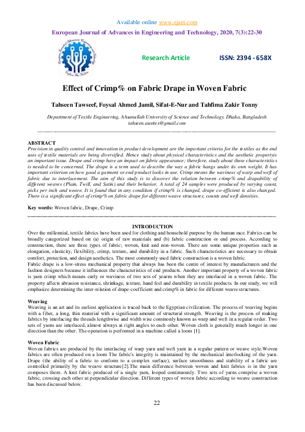(PDF) Effect of Crimp% on Fabric Drape in Woven Fabric