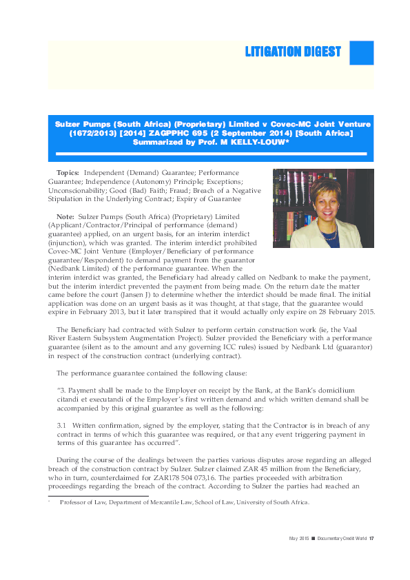 (PDF) Sulzer Pumps (South Africa) (Proprietary) Limited v Covec-MC ...