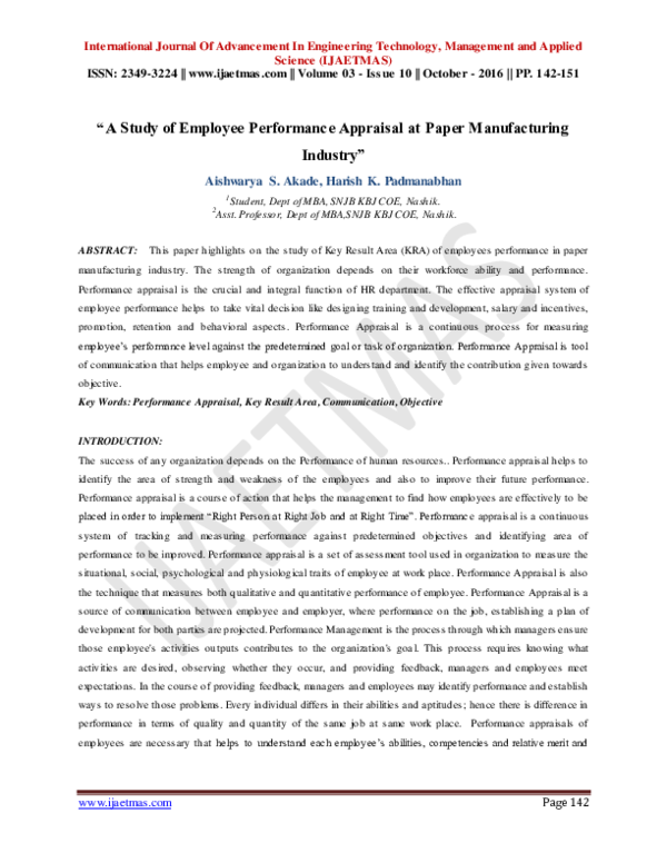 (PDF) "A Study of Employee Performance Appraisal at Paper Manufacturing ...