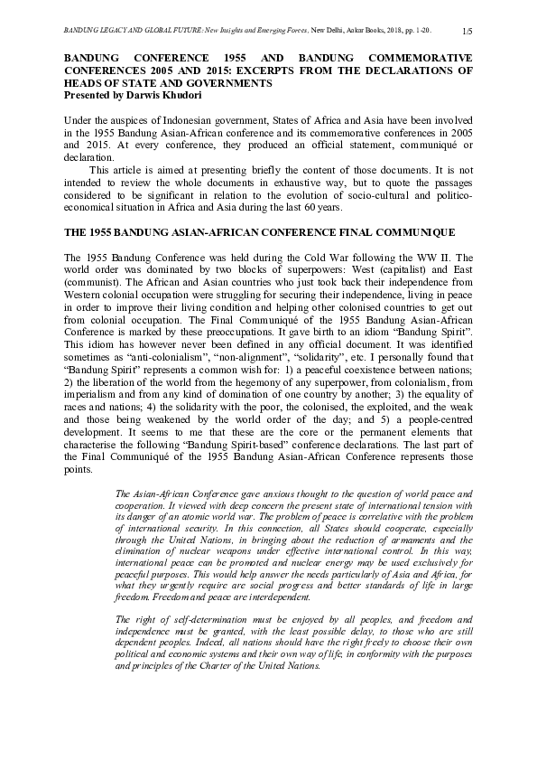 (PDF) BANDUNG CONFERENCE 1955 AND BANDUNG COMMEMORATIVE CONFERENCES ...