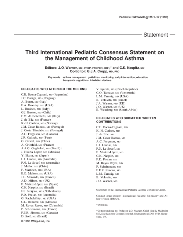 (PDF) Third International Pediatric Consensus statement on the management of childhood asthma
