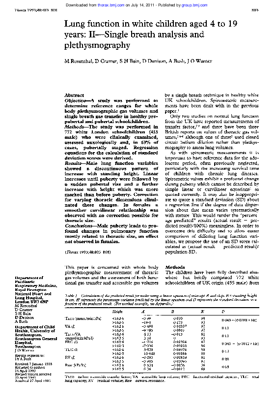 (PDF) Lung function in white children aged 4 to 19 years: I--Spirometry