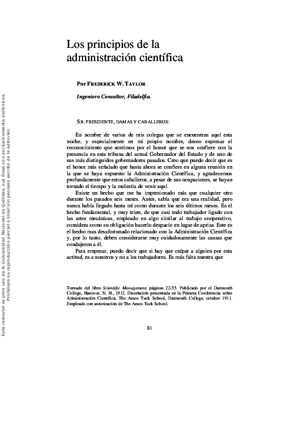 Pdf Los Principios De La Administración Científica