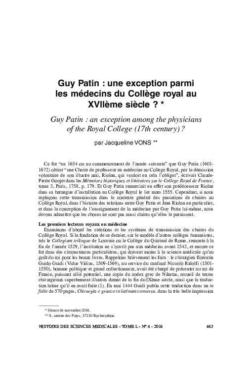 (PDF) Guy Patin : une exception parmi les médecins du Collège royal au ...