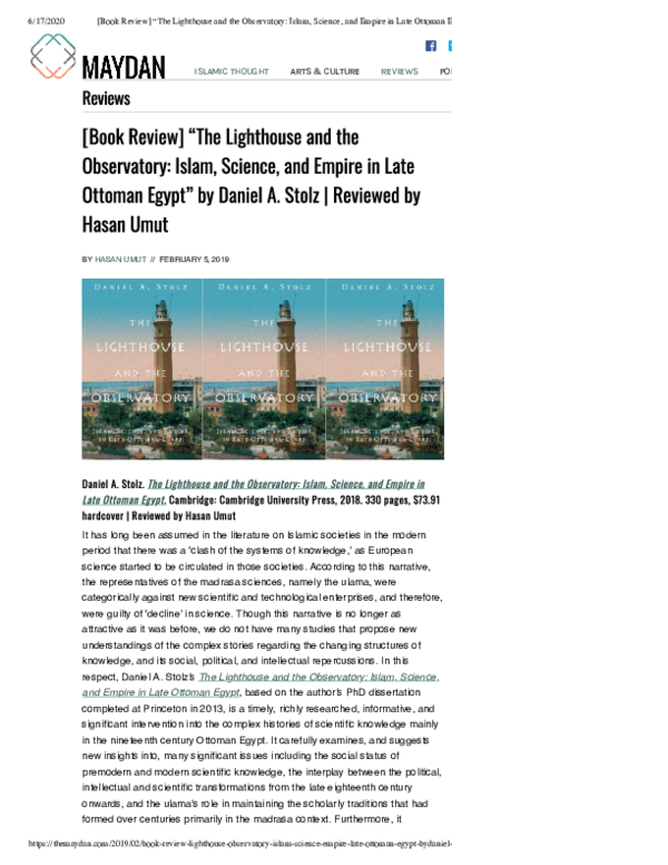 (PDF) Book Review: "Daniel A. Stolz, The Lighthouse and the Observatory: Islam, Science, and ...