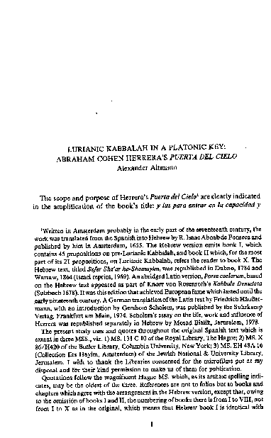 (PDF) Alexander Altmann, “Lurianic Kabbala in a Platonic Key: Abraham ...