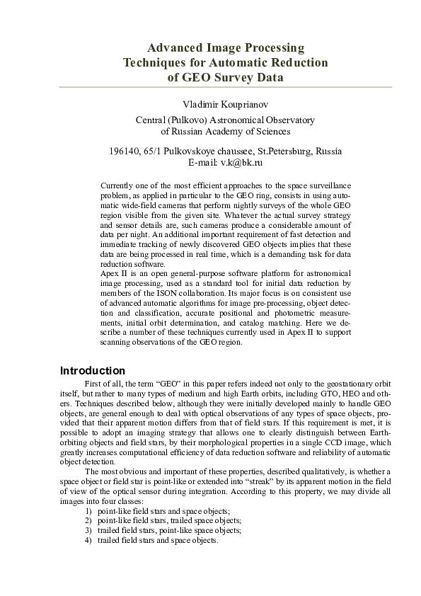 (PDF) Advanced Image Processing Techniques for Automatic Reduction of GEO Survey Data