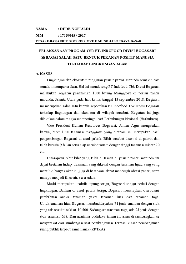 (DOC) STUDI KASUS PELAKSANAAN PROGAM CSR PT INDOFOOD DIVISI BOGASARI
