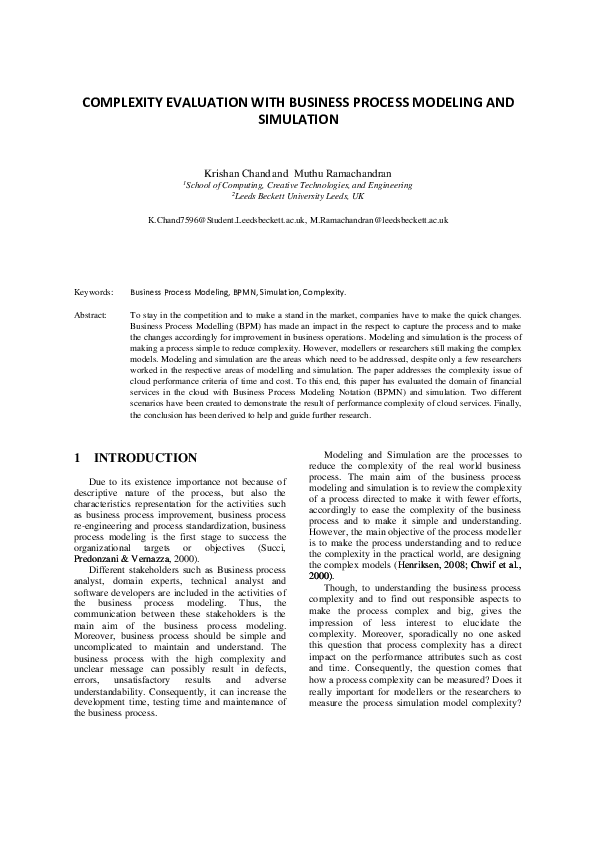 (PDF) COMPLEXITY EVALUATION WITH BUSINESS PROCESS MODELING AND SIMULATION | Krishan Chand ...