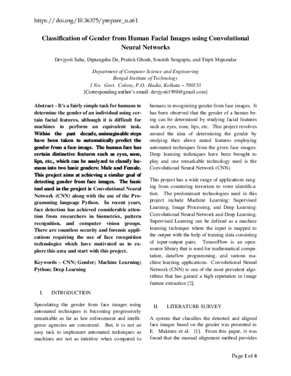 Pdf Classification Of Gender From Human Facial Images Using