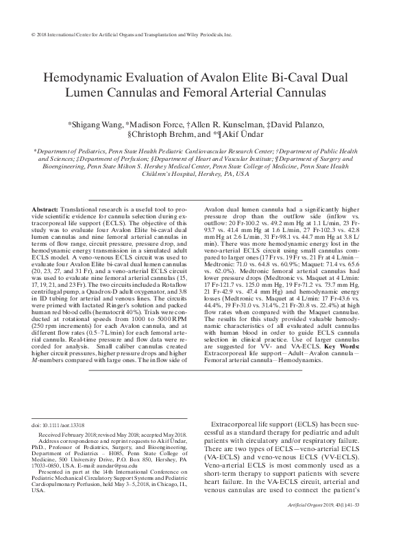 (PDF) -Hemodynamic Evaluation of Avalon Elite Bi‐Caval Dual Lumen Cannulas and Femoral Arterial ...