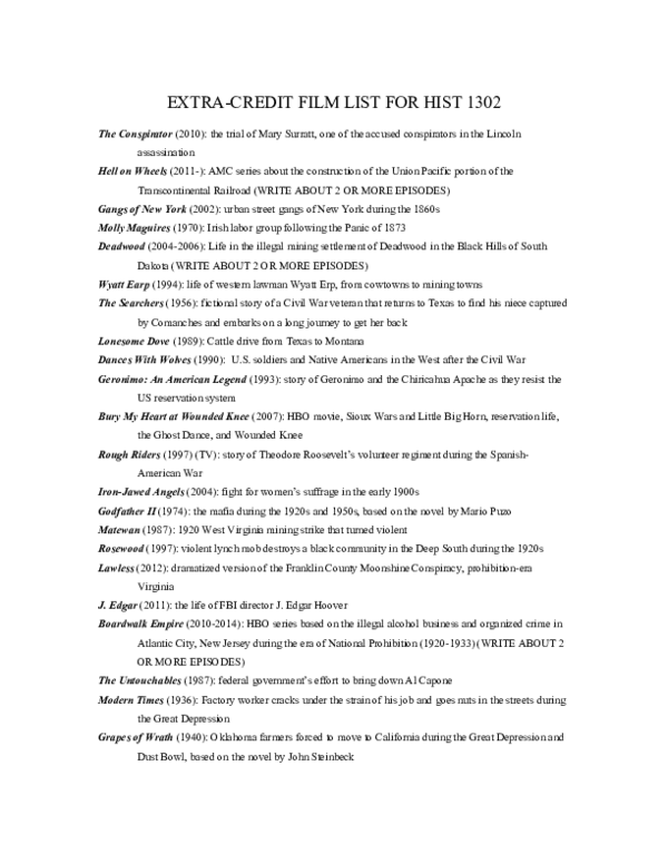 (DOC) EXTRA-CREDIT FILM LIST FOR HIST 1302