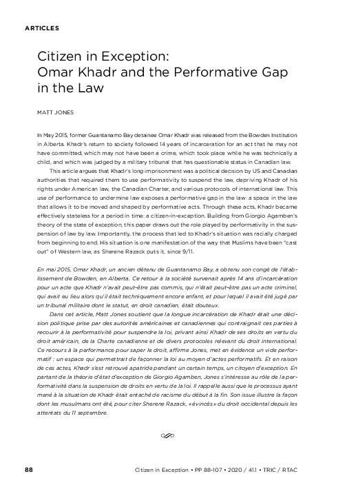 (PDF) Citizen in Exception: Omar Khadr and the Performative Gap in the Law