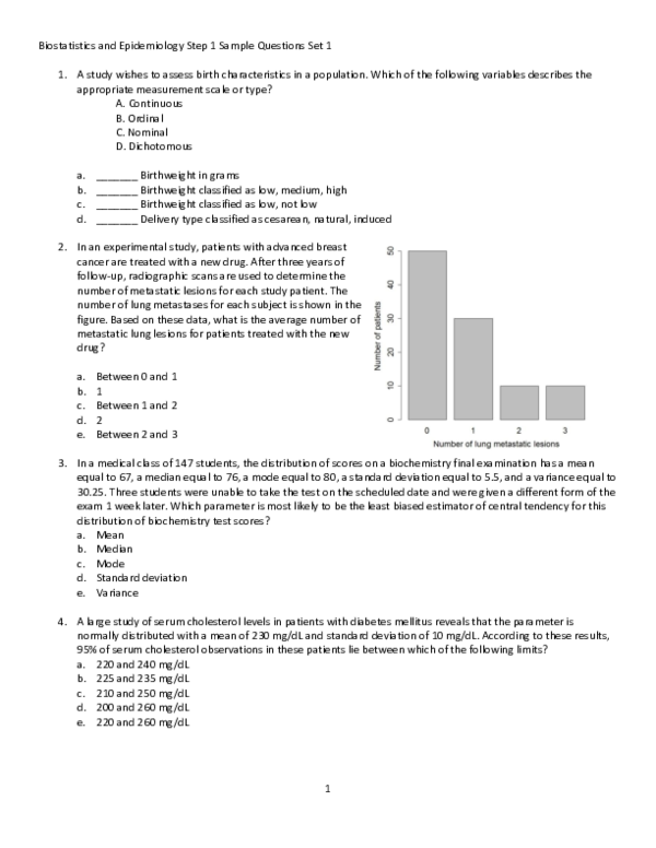 (PDF) Biostatistics and Epidemiology Step 1 Sample Questions Set 1