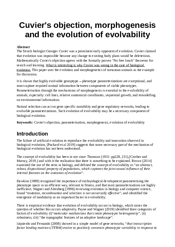 (PDF) Cuvier's objection, morphogenesis and the evolution of evolvability