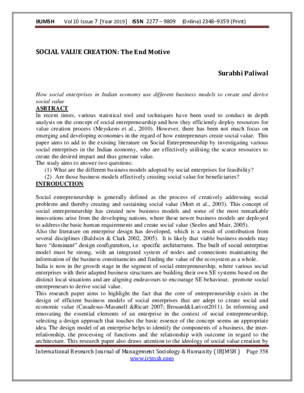 (PDF) SOCIAL VALUE CREATION: The End Motive