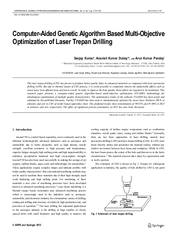 Pdf Computer Aided Genetic Algorithm Based Multi Objective Optimization Of Laser Trepan Drilling