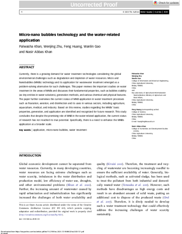 (PDF) Micro-nano bubbles technology and the water-related application