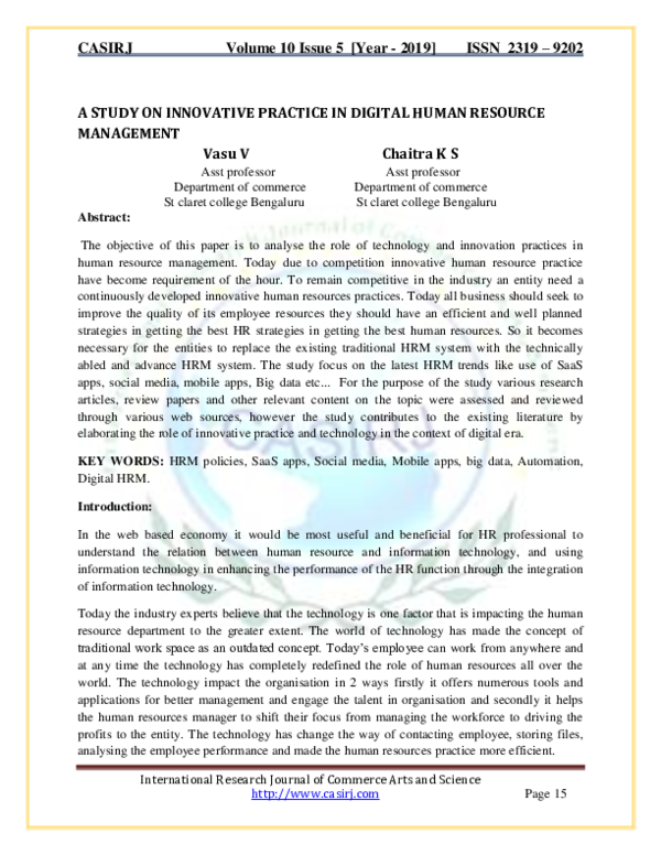 (PDF) A STUDY ON INNOVATIVE PRACTICE IN DIGITAL HUMAN RESOURCE MANAGEMENT