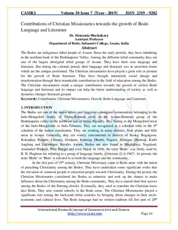(PDF) Contributions of Christian Missionaries towards the growth of ...