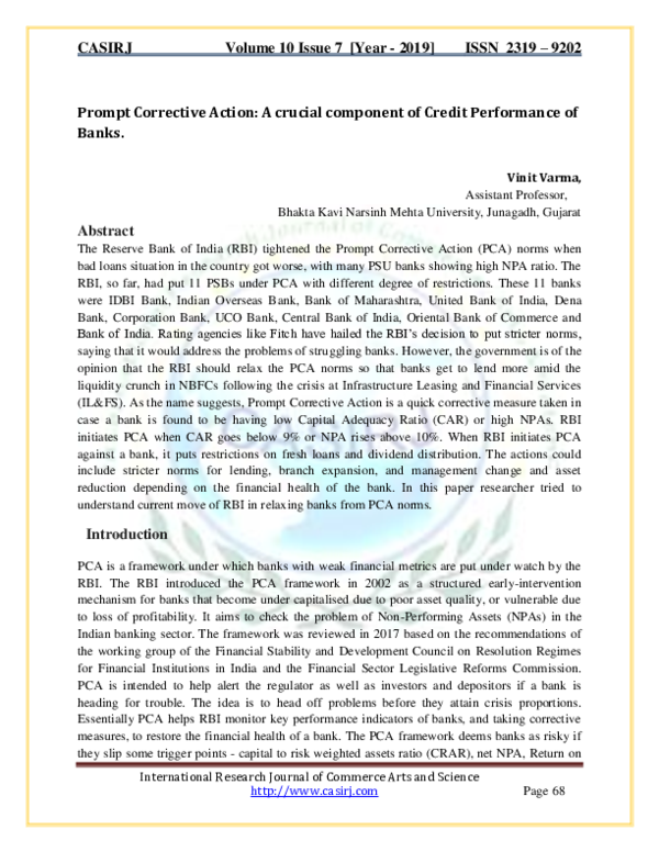 (PDF) Prompt Corrective Action: A crucial component of Credit ...