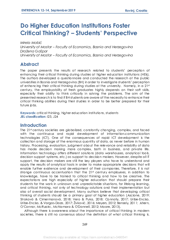(PDF) DO HIGHER EDUCATION INSTITUTIONS FOSTER CRITICAL THINKING ...