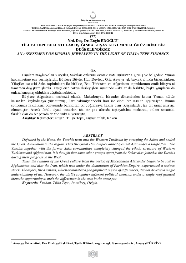 (PDF) Tillya Tepe Buluntuları Işığında Kuşan Kuyumculuğu Üzerine Bir ...
