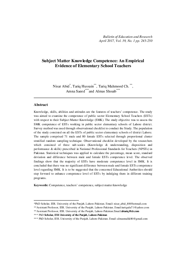 (PDF) Subject Matter Knowledge Competence: An Empirical Evidence of ...
