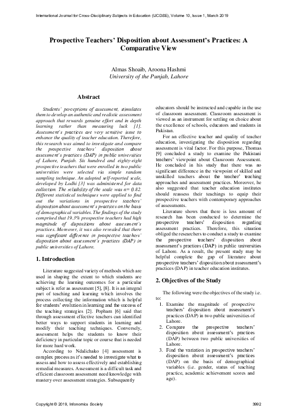 (PDF) Prospective Teachers' Disposition about Assessment's Practices: A ...