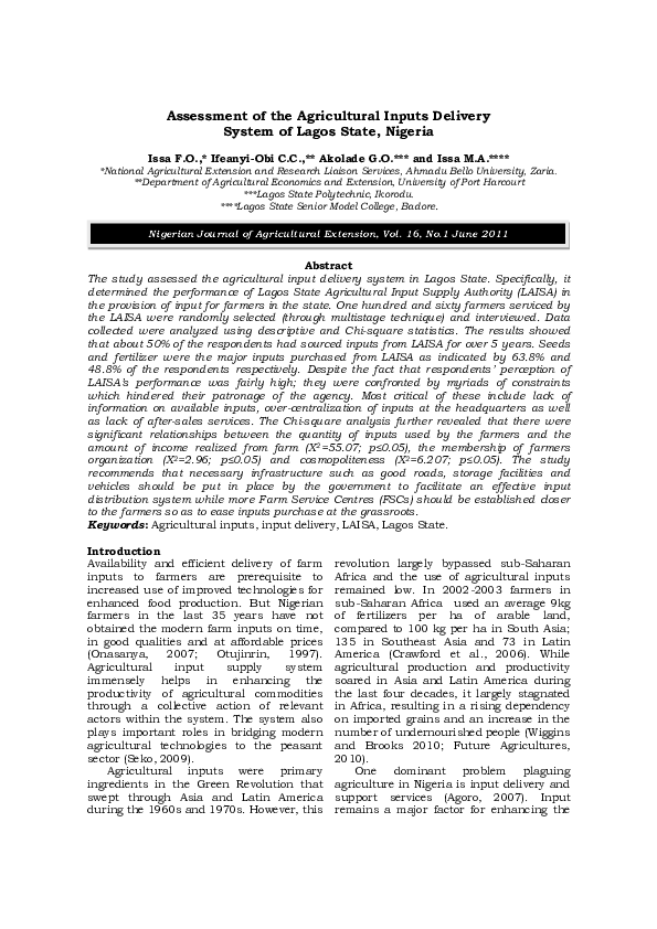 (PDF) Assessment of the Agricultural Inputs Delivery System of Lagos ...
