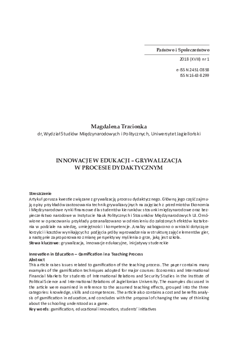 (PDF) Innowacje w edukacji : grywalizacja w procesie dydaktycznym ... (PDF) Innowacje w edukacji : grywalizacja w procesie dydaktycznym ...