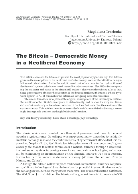 (PDF) The bitcoin : democratic money in a neoliberal economy