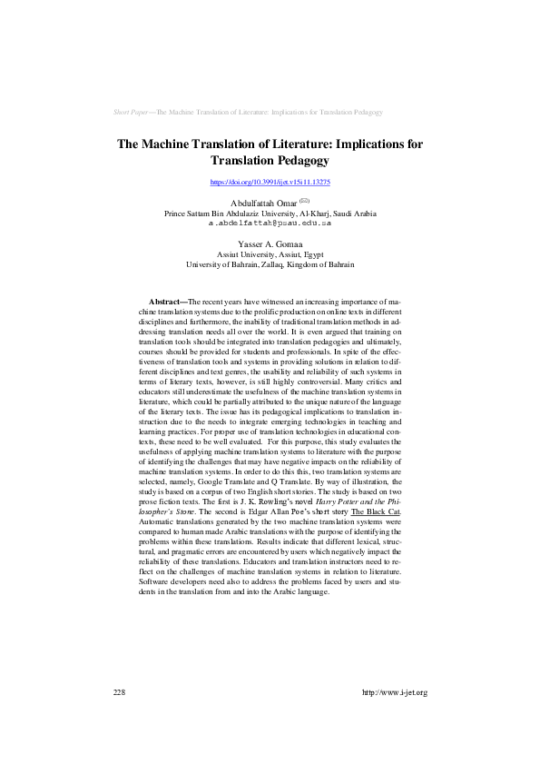 (PDF) The Machine Translation of Literature: Implications for ...