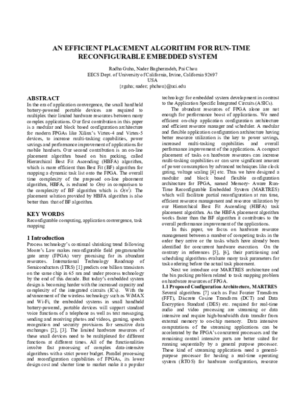 Pdf An Efficient Placement Algorithm For Run Time Reconfigurable Embedded System