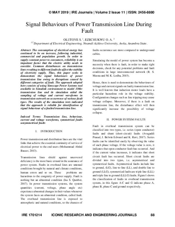 (PDF) Signal Behaviours of Power Transmission Line During Fault