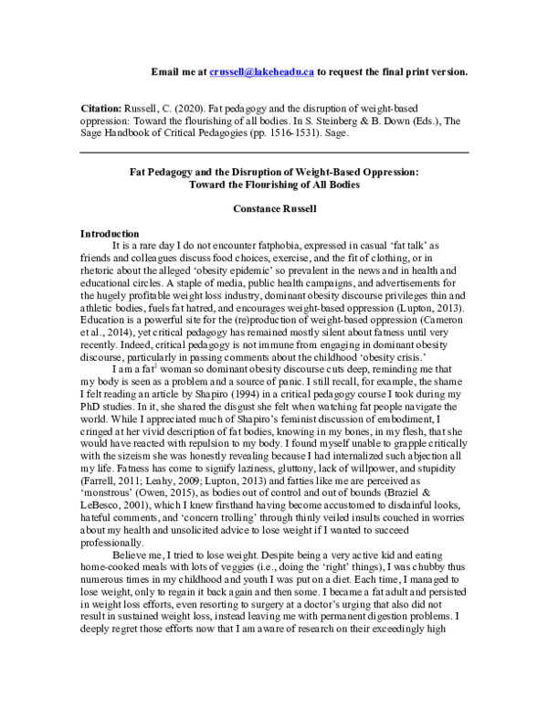 (PDF) Fat pedagogy and the disruption of weight-based oppression ...