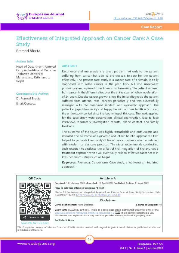(PDF) Effectiveness of Integrated Approach on Cancer Care: A Case Study