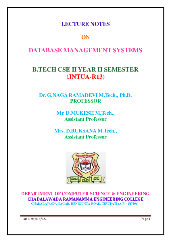 Pdf Lecture Notes On Database Management Systems Btech Cse Ii Year Ii Semester Jntua R13