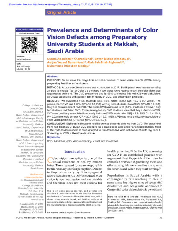 (PDF) Prevalence and Determinants of Color Vision Defects among ...