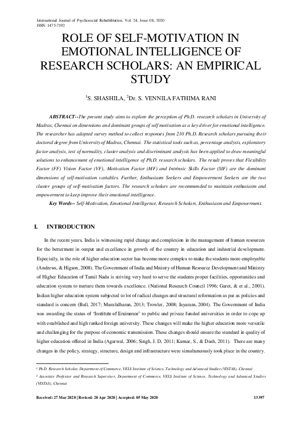 (PDF) ROLE OF SELF-MOTIVATION IN EMOTIONAL INTELLIGENCE OF RESEARCH ...
