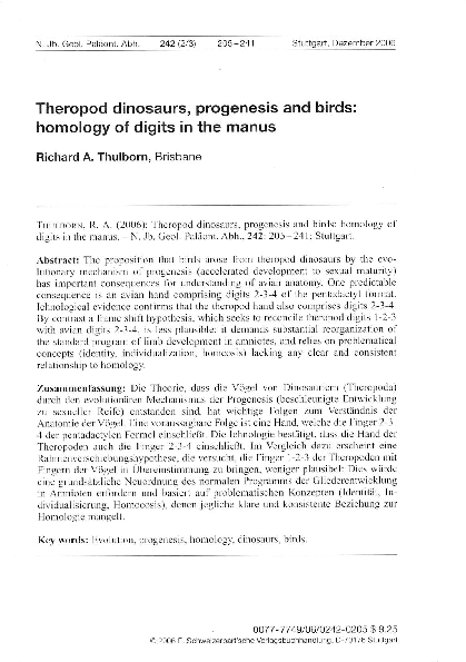 (PDF) Theropod dinosaurs, progenesis and birds: homology of digits in ...