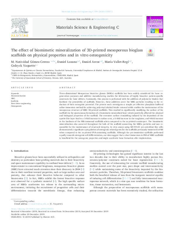 (PDF) The effect of biomimetic mineralization of 3D-printed mesoporous bioglass scaffolds on ...