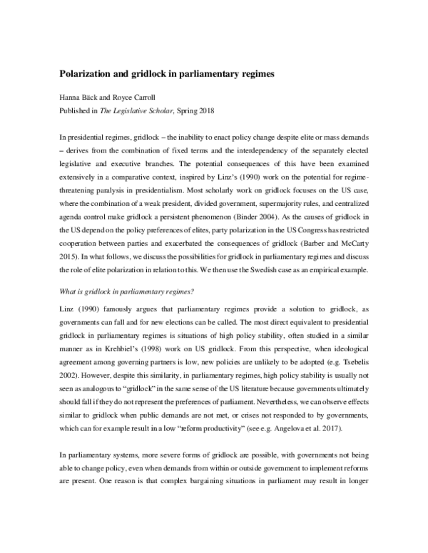 (PDF) Polarization and gridlock in parliamentary regimes