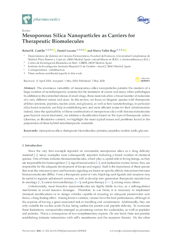 (PDF) Mesoporous Silica Nanoparticles as Carriers for Therapeutic Biomolecules