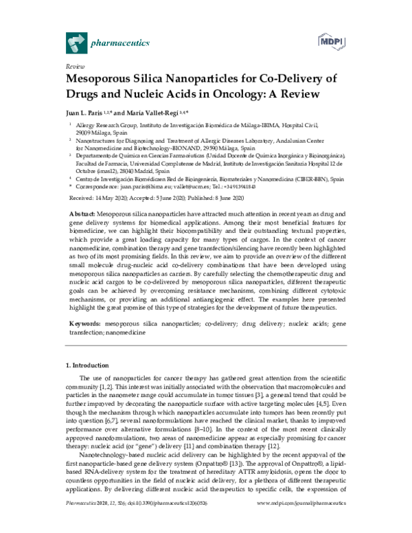 (PDF) Mesoporous Silica Nanoparticles for Co-Delivery of Drugs and Nucleic Acids in Oncology: A ...