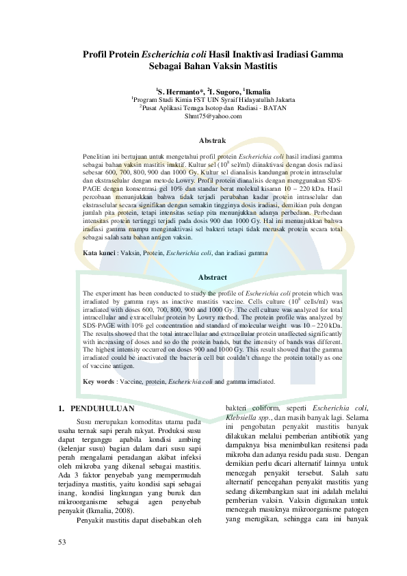 (PDF) Profil Protein Escherichia coli Hasil Inaktivasi Iradiasi Gamma ...