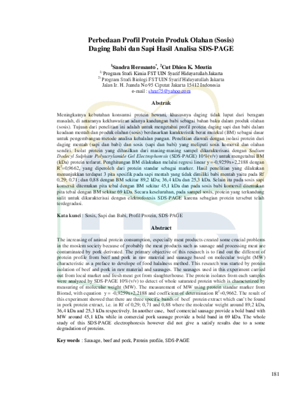 (PDF) Perbedaan Profil Protein Produk Olahan (Sosis) Daging Babi dan ...