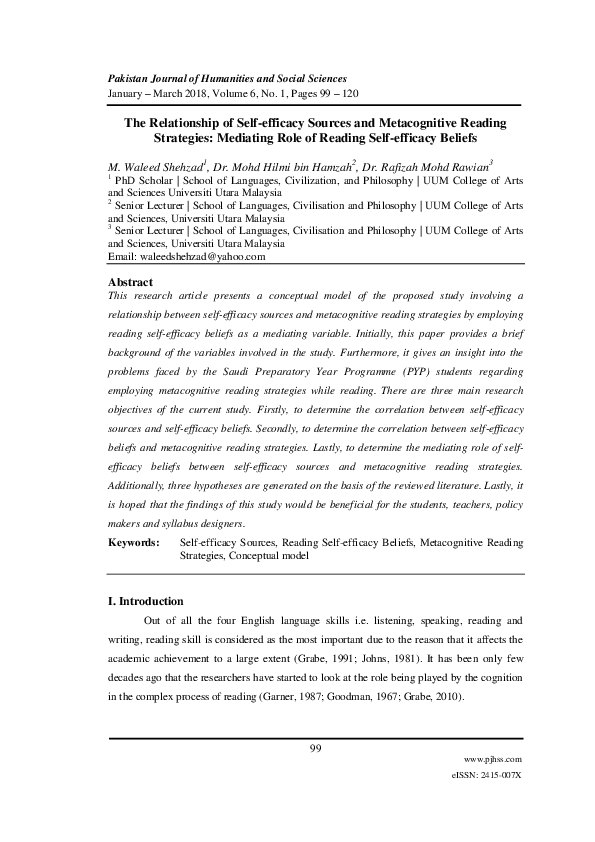 (PDF) The Relationship of Self-efficacy Sources and Metacognitive Reading Strategies: Mediating ...