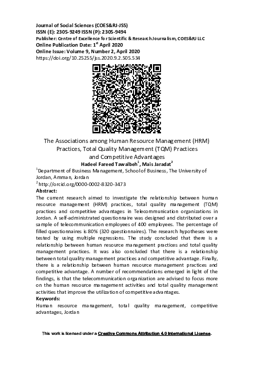 (PDF) The Associations among Human Resource Management (HRM) Practices, Total Quality Management ...